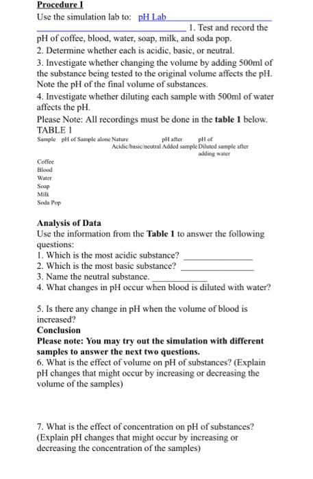 Procedure I Use the simulation lab to: pH Lab 1. Test | Chegg.com
