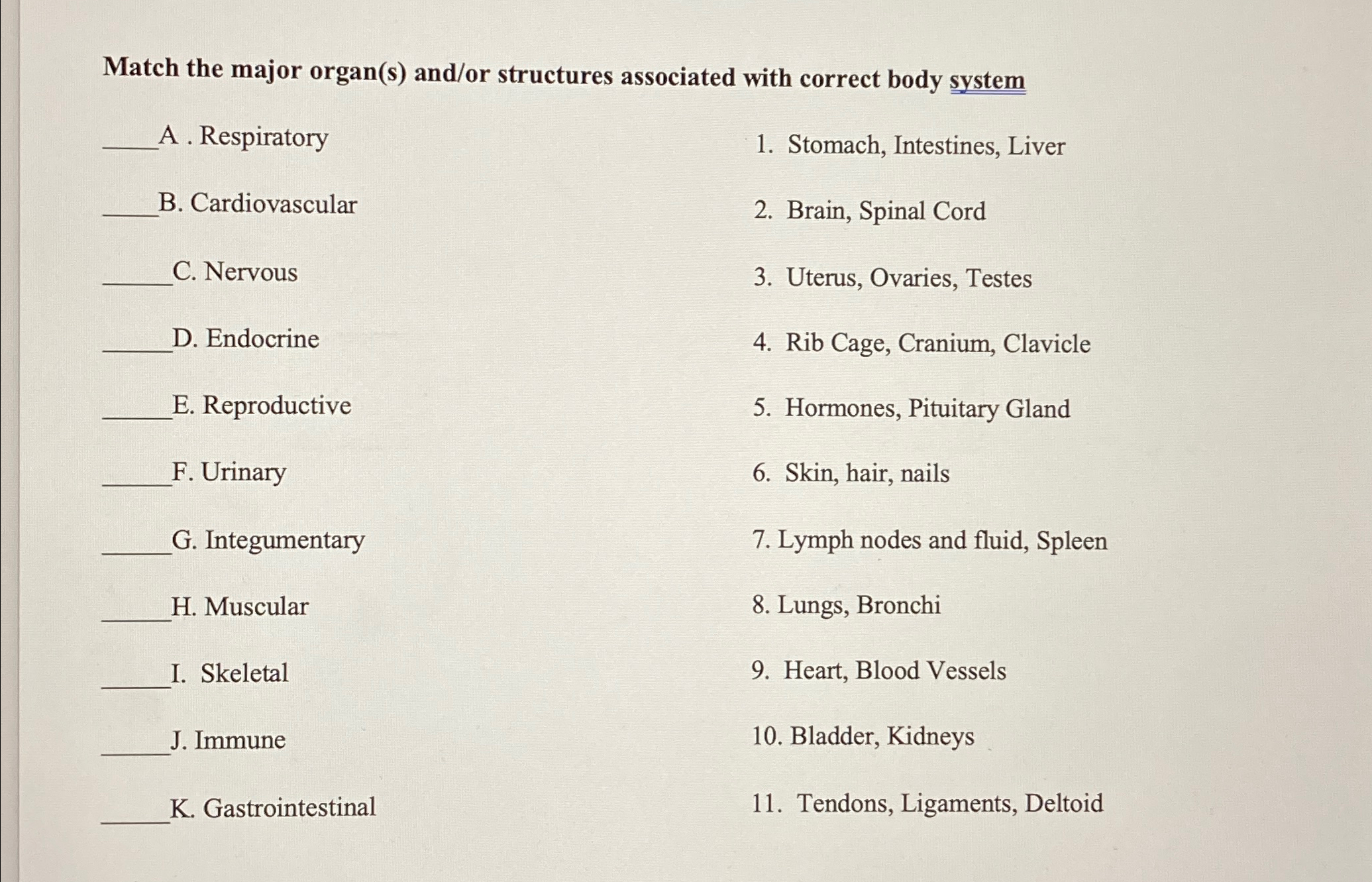 Solved Match the major organ(s) ﻿and/or structures | Chegg.com