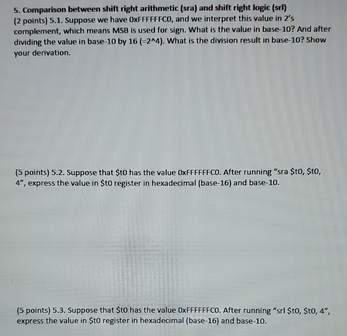 Solved 5 Comparison Between Shift Right Arithmetic Sra