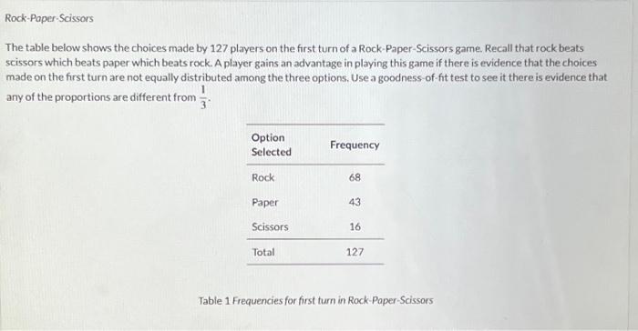 Solved Rock-Paper-Scissors The table below shows the choices | Chegg.com