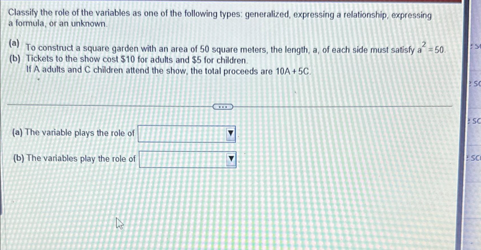 Solved Classify the role of the variables as one of the | Chegg.com