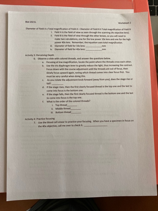 Biol 2021L Worksheet 2 Lab 2: The Microscope Activity | Chegg.com