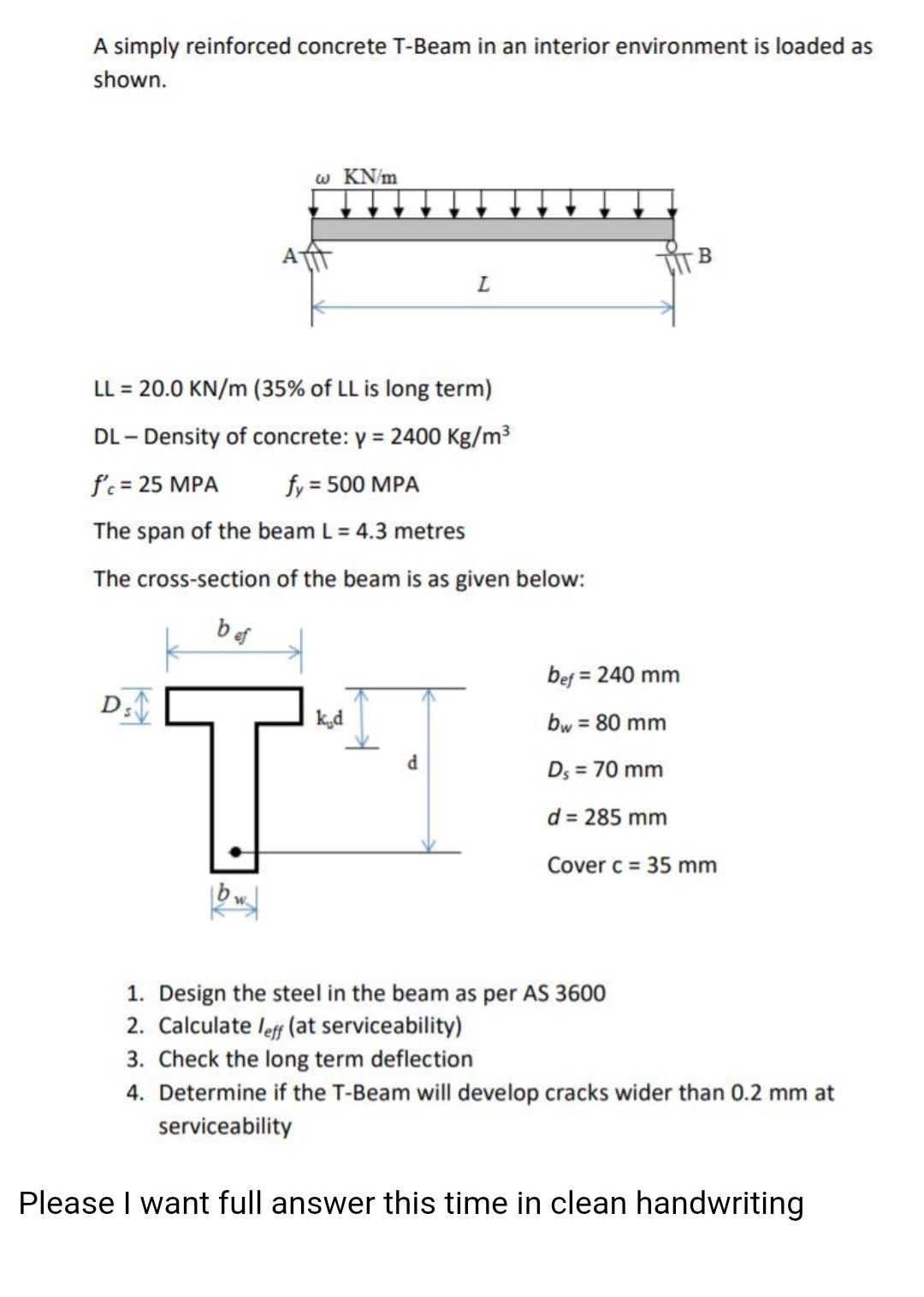 Solved A simply reinforced concrete T-Beam in an interior | Chegg.com