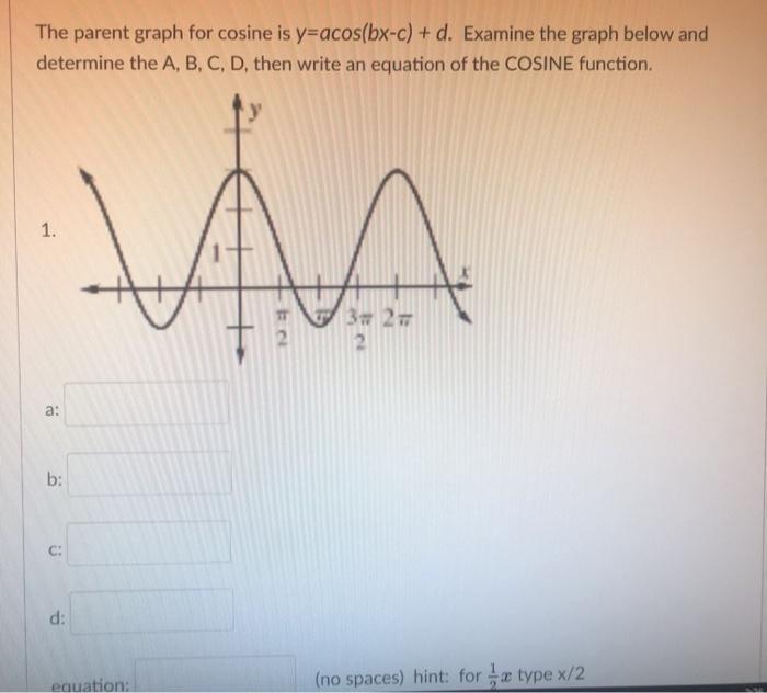 Solved The parent graph for cosine is y=acos(bx-c) + d. | Chegg.com