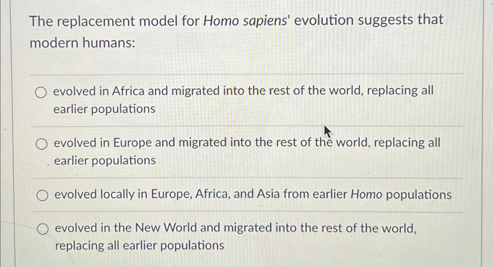 Solved The replacement model for Homo sapiens' evolution | Chegg.com