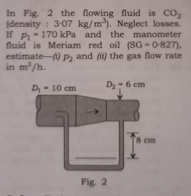 Solved In Fig. 2 the flowing fluid is CO2 (density : 3.07 | Chegg.com