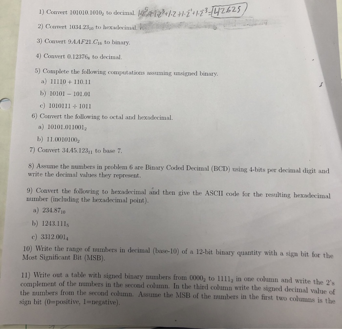 Solved 1) Convert 101010.1010, to decimal. 1 3 47.2 | Chegg.com