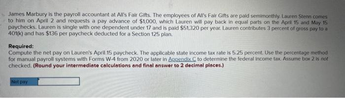 Solved James Marbury is the payroll accountant at All's Fair | Chegg.com