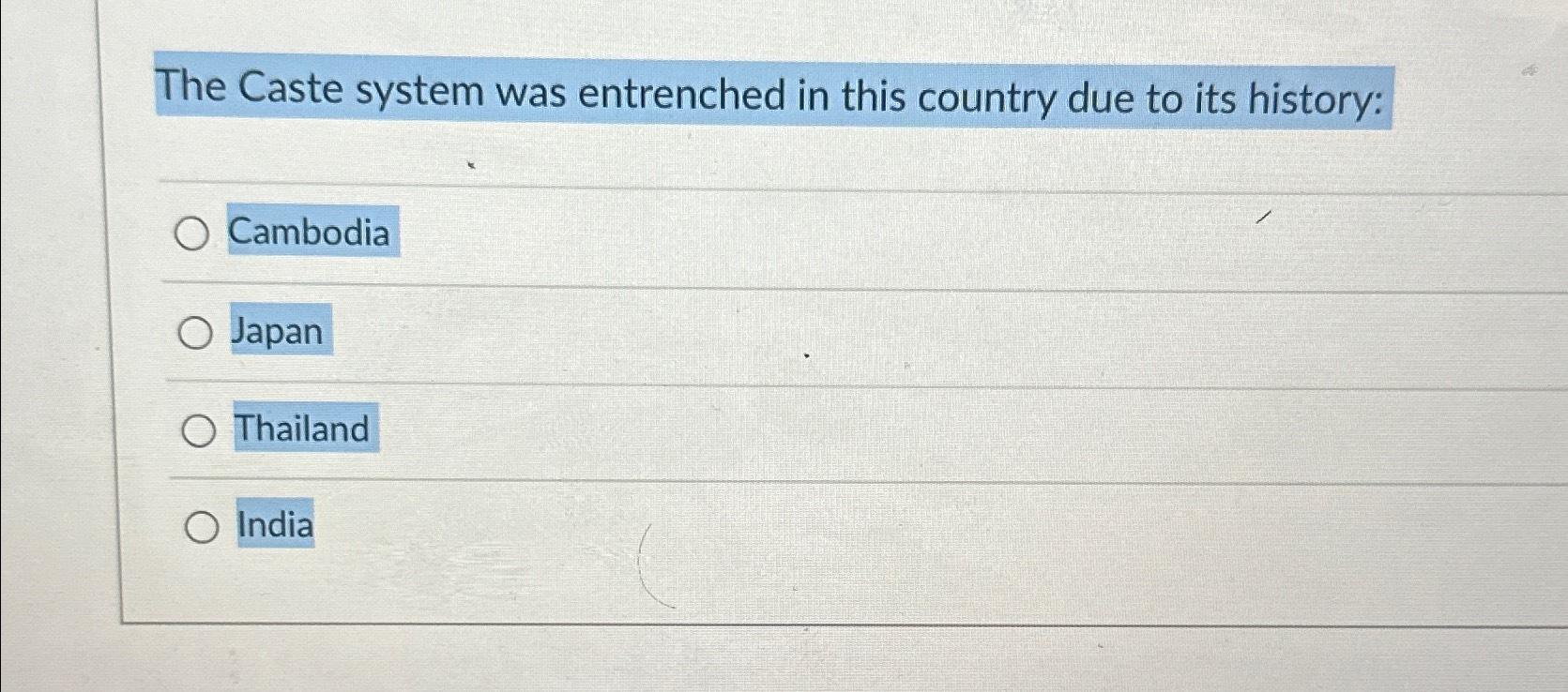 Solved The Caste system was entrenched in this country due | Chegg.com
