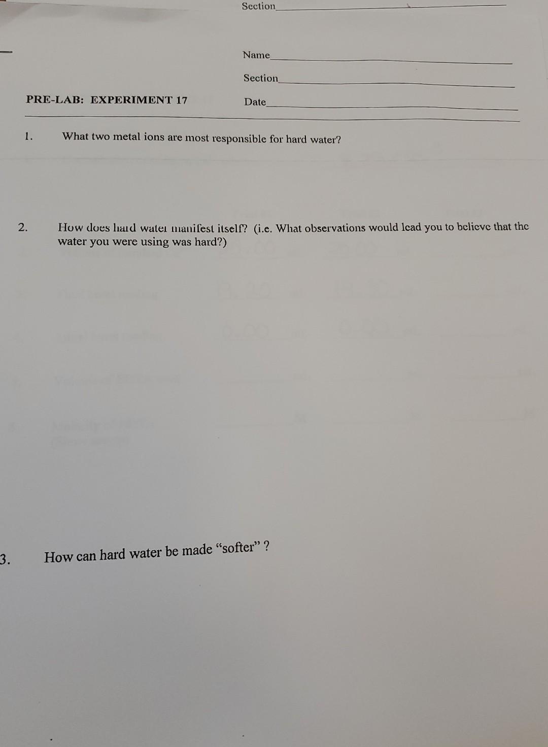 Solved Section Name Section PRE-LAB: EXPERIMENT 17 Date 1. | Chegg.com