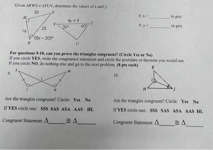 Solved Given RWS≅ TUV, determine the values of x and y. | Chegg.com