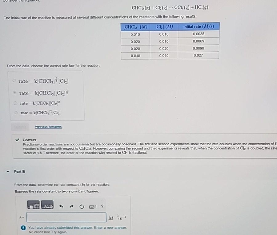 Solved CHCl3(g)+Cl2(g)→CCl4(g)+HCl(g)The initial rate of the | Chegg.com