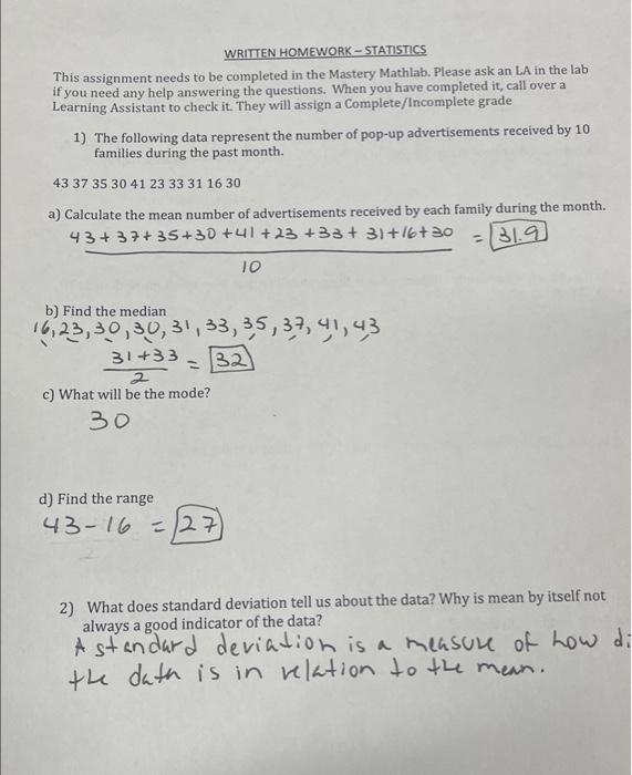 Solved WRITTEN HOMEWORK - STATISTICS This assignment needs | Chegg.com