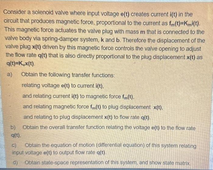 Consider a solenoid valve where input voltage e(t) | Chegg.com
