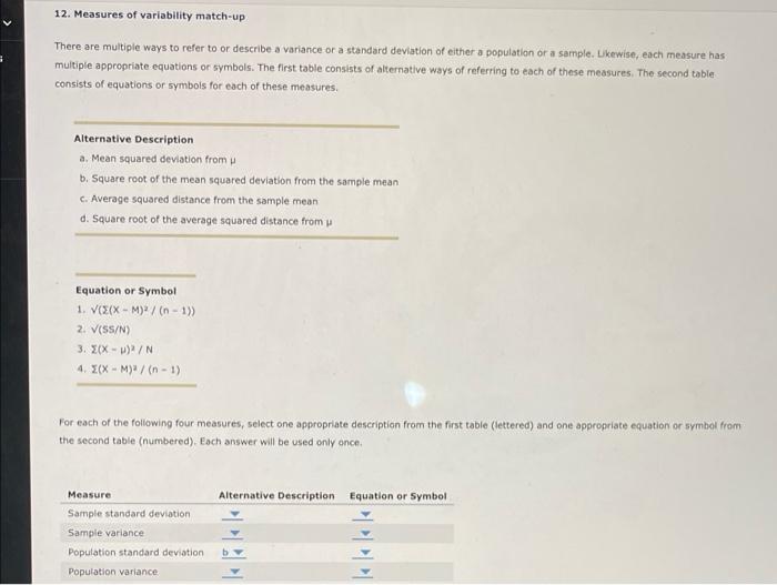 Solved = 12. Measures of variability match-up There are | Chegg.com