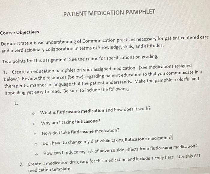 PATIENT MEDICATION PAMPHLET Course Objectives | Chegg.com