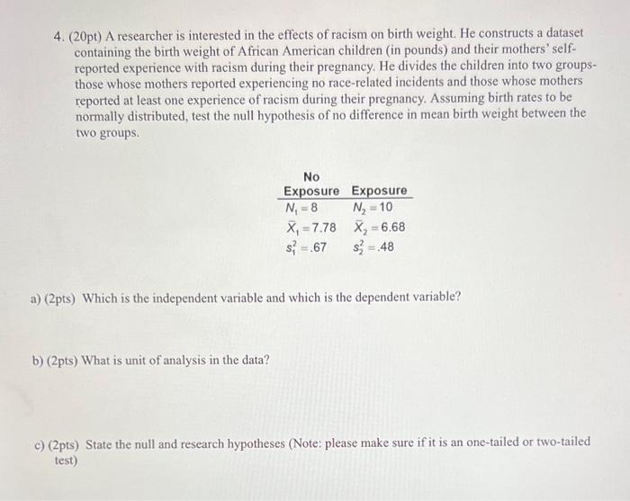 Solved 4. (20pt) A researcher is interested in the effects | Chegg.com