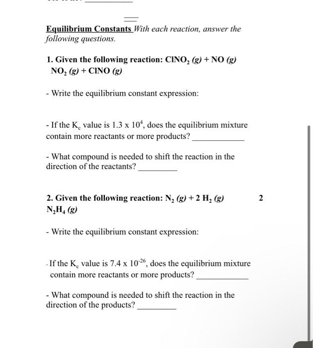Solved Equilibrium Constants with each reaction, answer the | Chegg.com