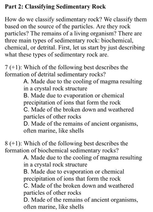 Solved Part 1: Formation of Sedimentary Rocks Sedimentary | Chegg.com