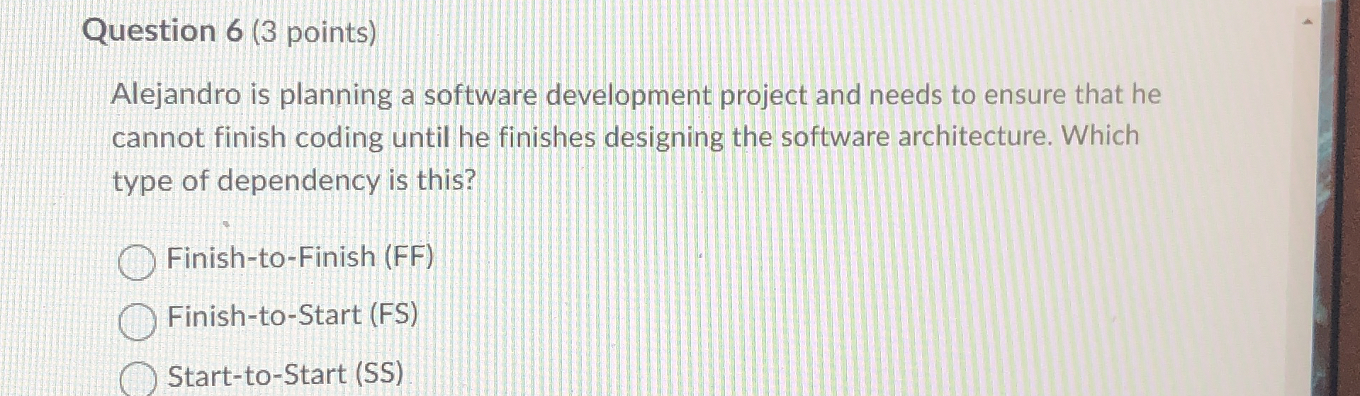 High Quality SOLUTION Question 6 (3 ﻿points)Alejandro is planning a | Chegg.com