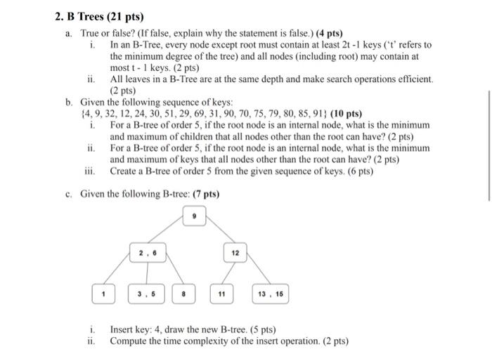 Solved 2. B Trees (21 pts) a. True or false? (If false, | Chegg.com