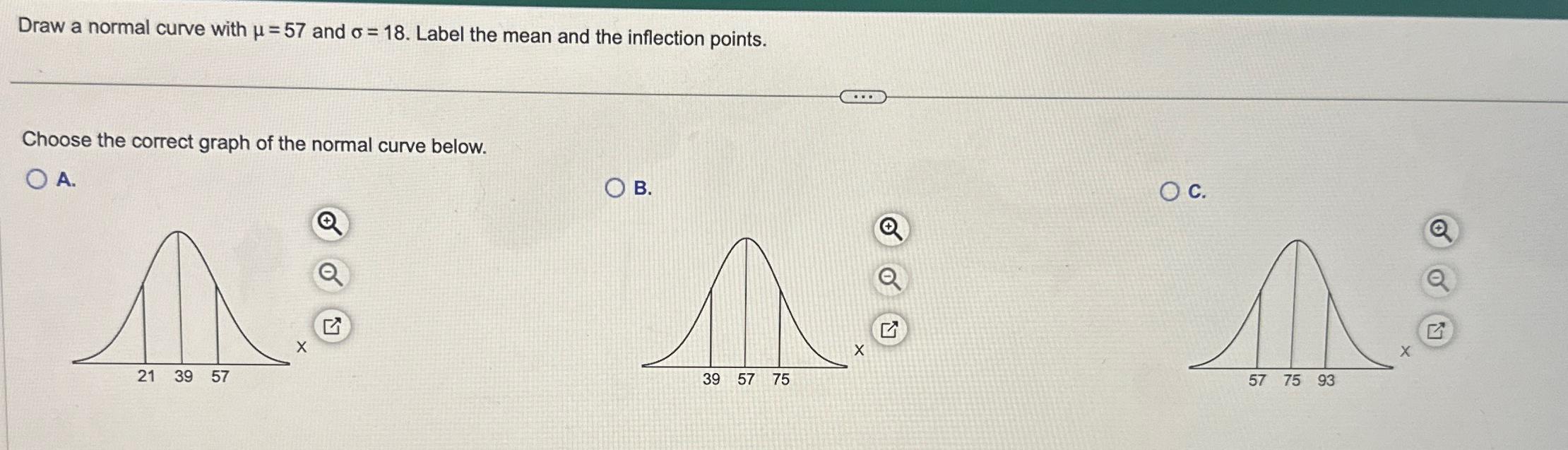 Solved Draw a normal curve with μ=57 ﻿and σ=18. ﻿Label the | Chegg.com
