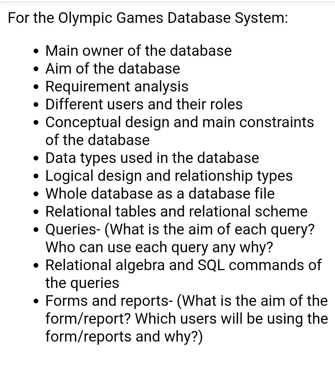Solved or the Olympic Games Database System: - Main owner of | Chegg.com