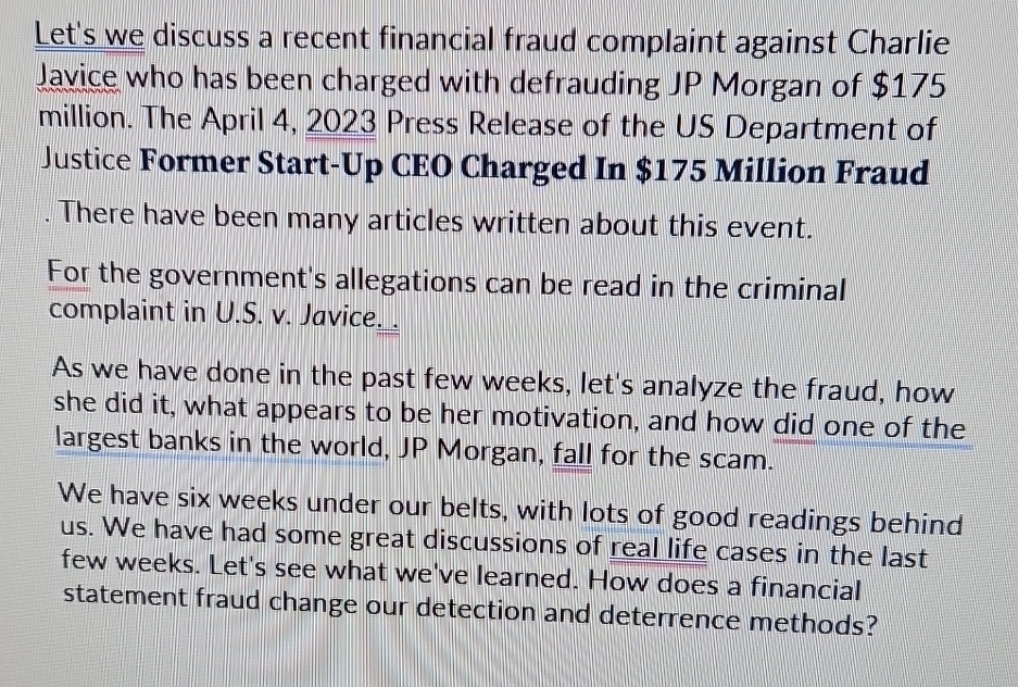 Solved Let's we discuss a recent financial fraud complaint | Chegg.com