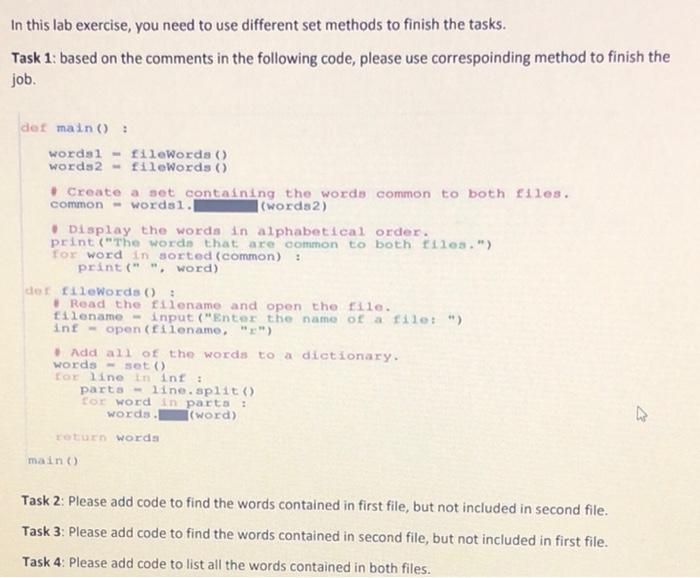 Solved In this lab exercise, you need to use different set | Chegg.com