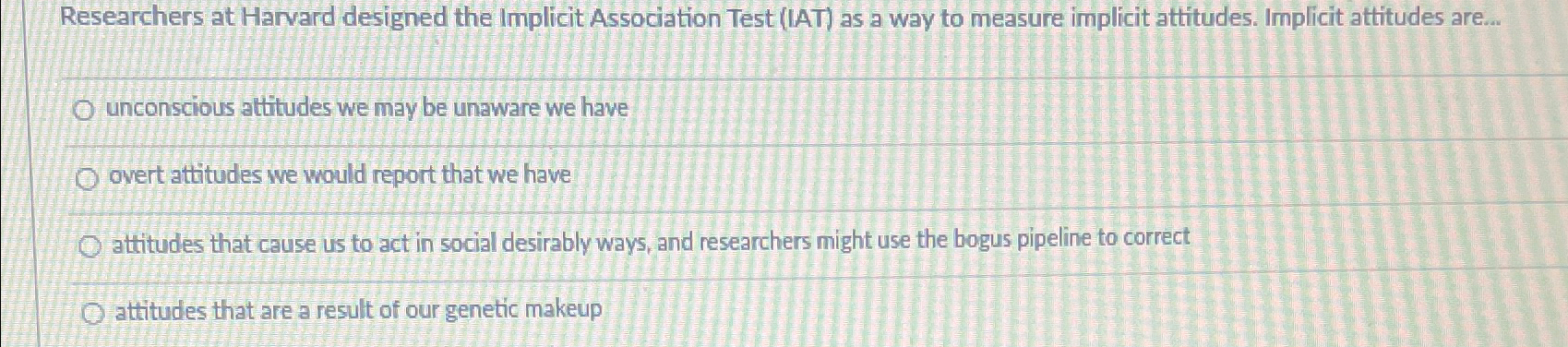 Solved Researchers at Harvard designed the Implicit | Chegg.com