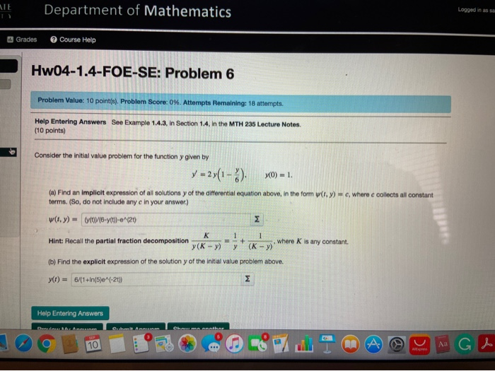 Solved Department of Mathematics Logged in asso Grades | Chegg.com