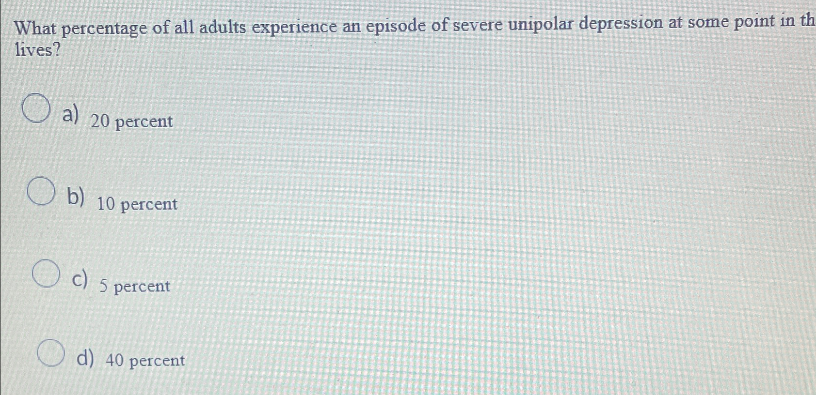 Solved What percentage of all adults experience an episode | Chegg.com