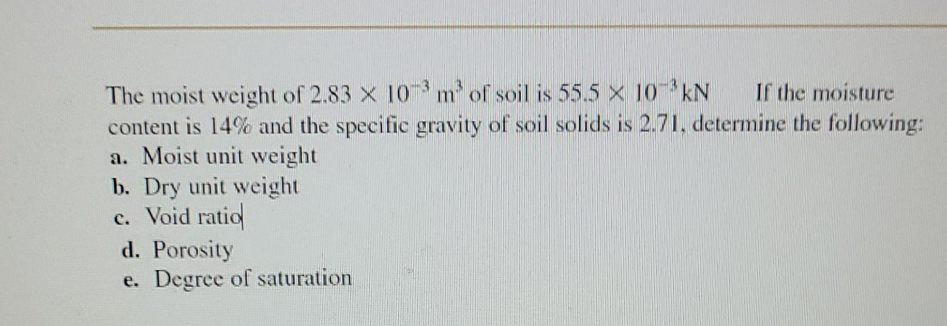 Solved The moist weight of 2.83×10−3 m3 of soil is | Chegg.com