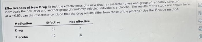 Solved Effectiveness of New Drug To test the effectiveness | Chegg.com