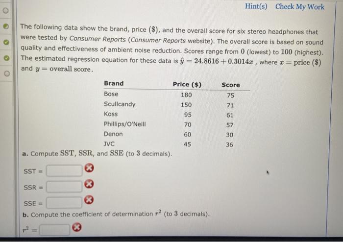 Solved Hint(s) Check My Work Score The following data show | Chegg.com