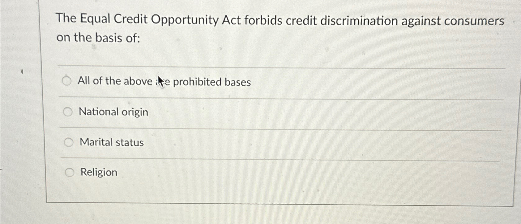 Solved The Equal Credit Opportunity Act forbids credit | Chegg.com