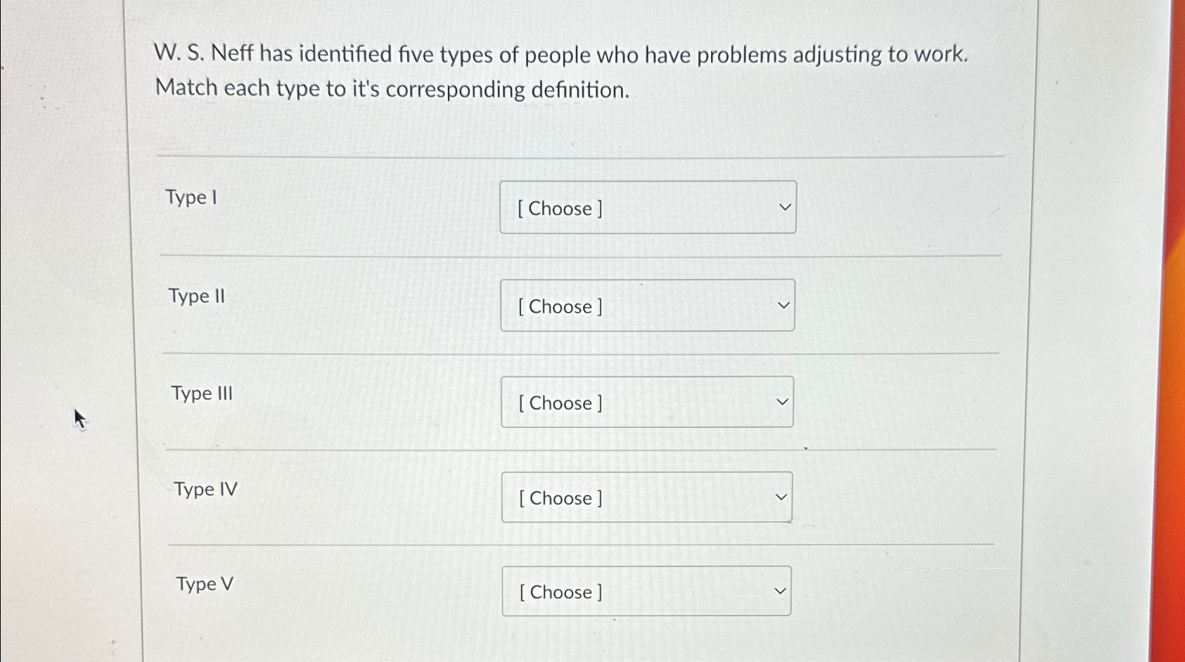 Solved W. ﻿S. ﻿Neff has identified five types of people who | Chegg.com