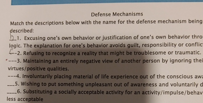 Solved Defense MechanismsMatch the descriptions below with | Chegg.com