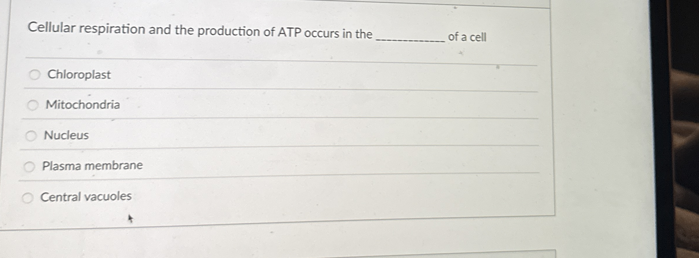 Solved Cellular respiration and the production of ATP occurs | Chegg.com