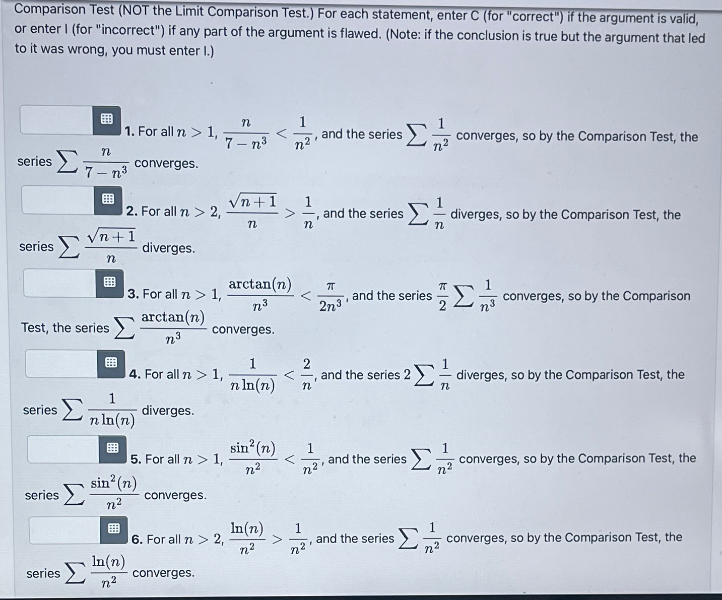 Solved Comparison Test (NOT the Limit Comparison Test.) ﻿For | Chegg.com