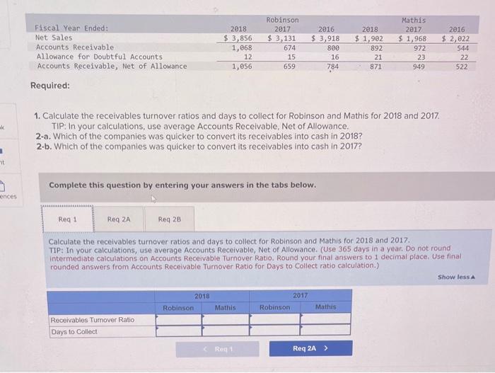 Solved - Calculate the receivables turnover ratios and days | Chegg.com