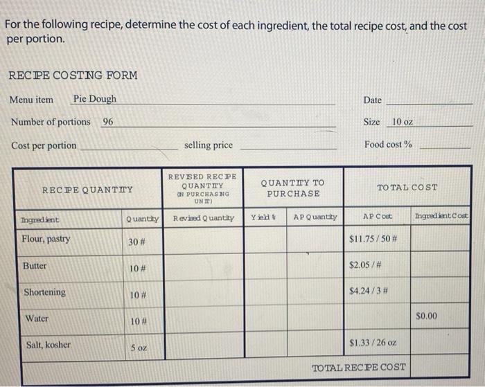 Solved For the following recipe, determine the cost of each | Chegg.com