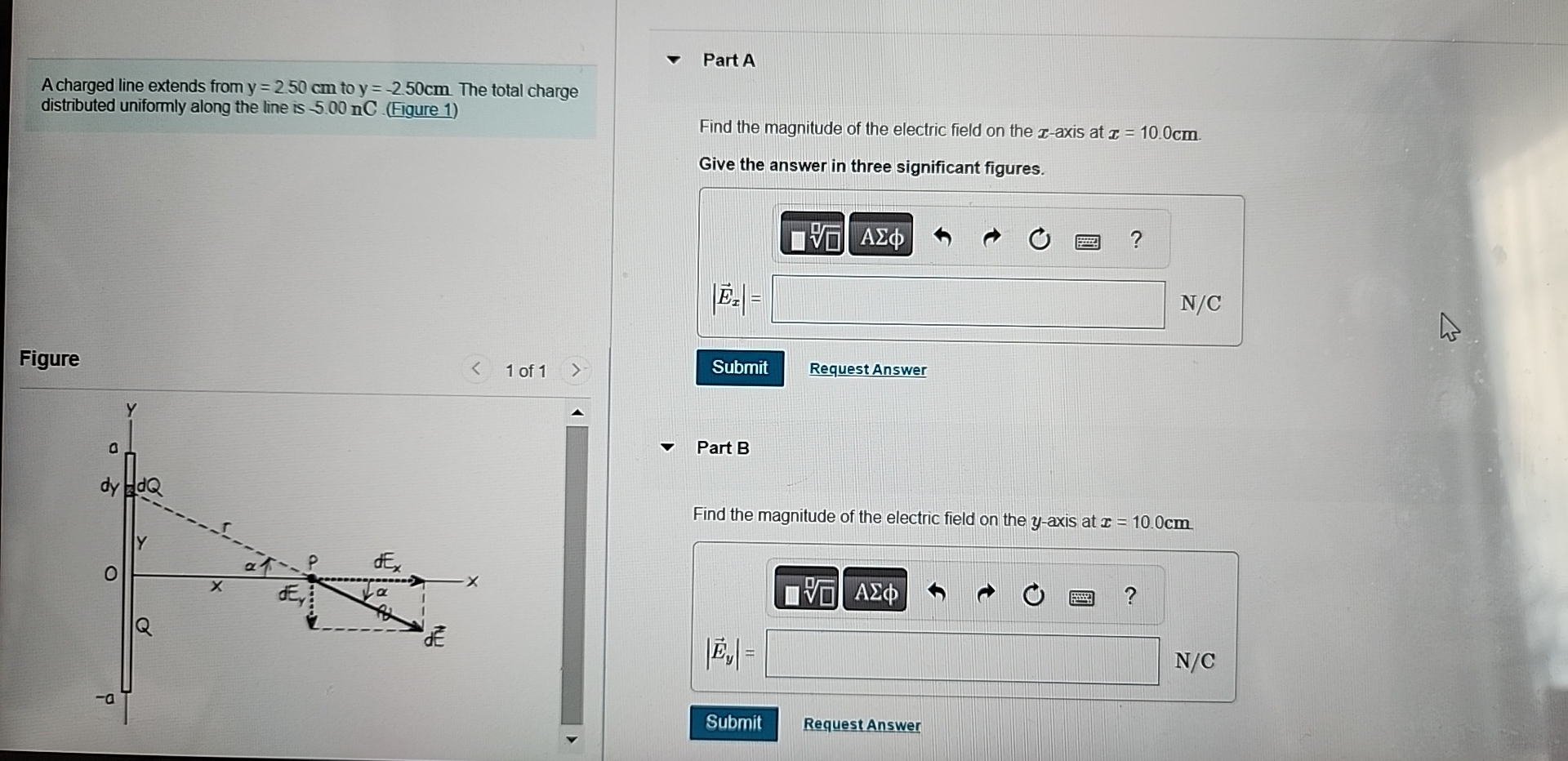 Solved A charged line extends from y=2.50cm ﻿to y=-2.50cm. | Chegg.com