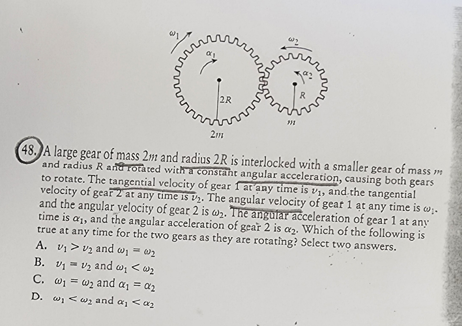 Solved 48.A large gear of mass 2m ﻿and radius 2R ﻿is | Chegg.com