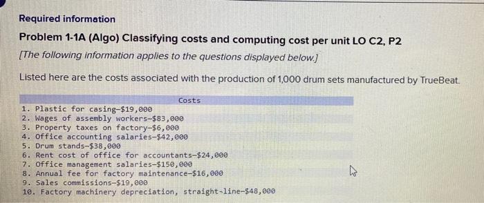 Solved Required information Problem 1-1A (Algo) Classifying | Chegg.com