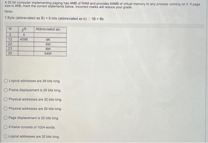 Solved A 32 bit computer implementing paging has 4MB of RAM | Chegg.com