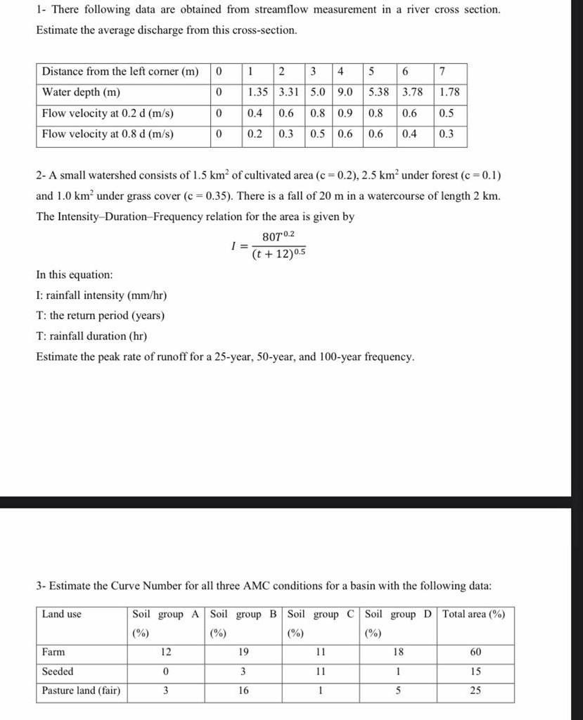 Solved 1- There following data are obtained from streamflow | Chegg.com