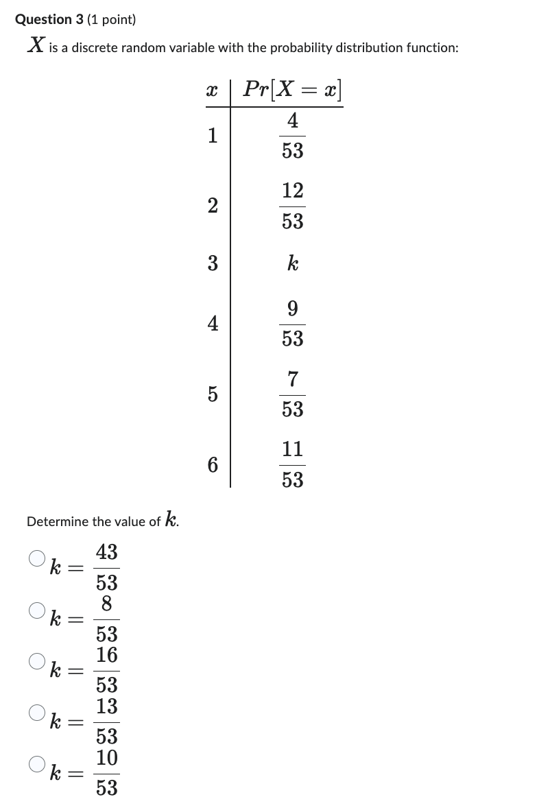 Solved Question 3 (1 ﻿point)x is ﻿a discrete random variable | Chegg.com
