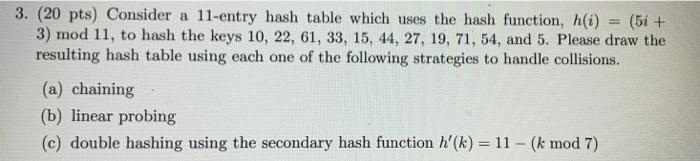 Solved (5i + 3. (20 pts) Consider a 11-entry hash table | Chegg.com