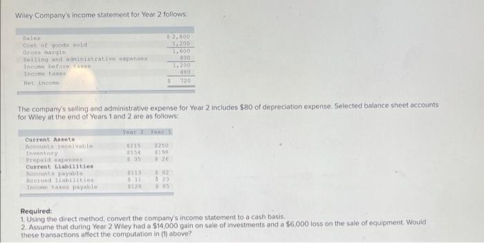 Solved Wiley Company's income statement for Year 2 follows: | Chegg.com